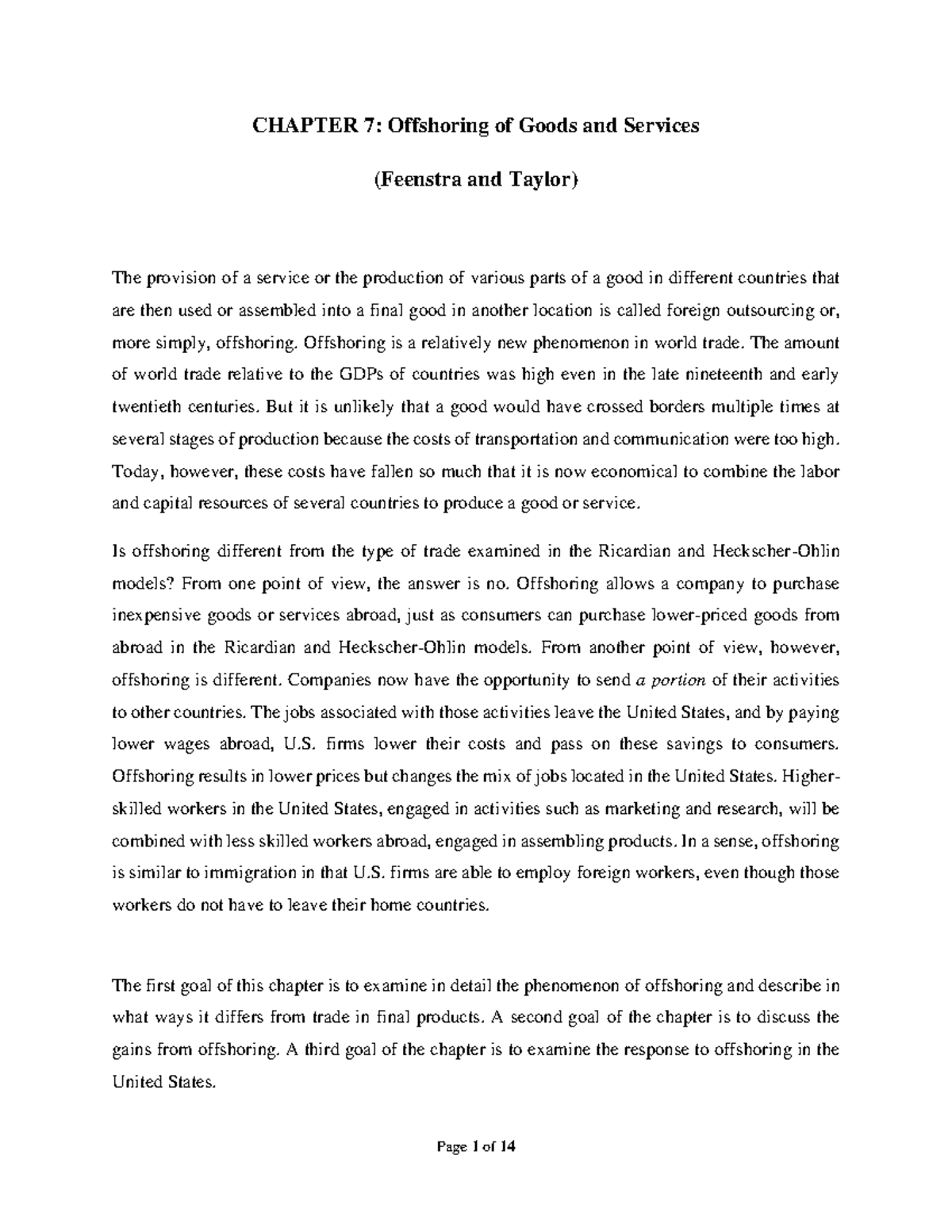 Chapter 7 Offshoring of Goods and Services notes - CHAPTER 7 ...