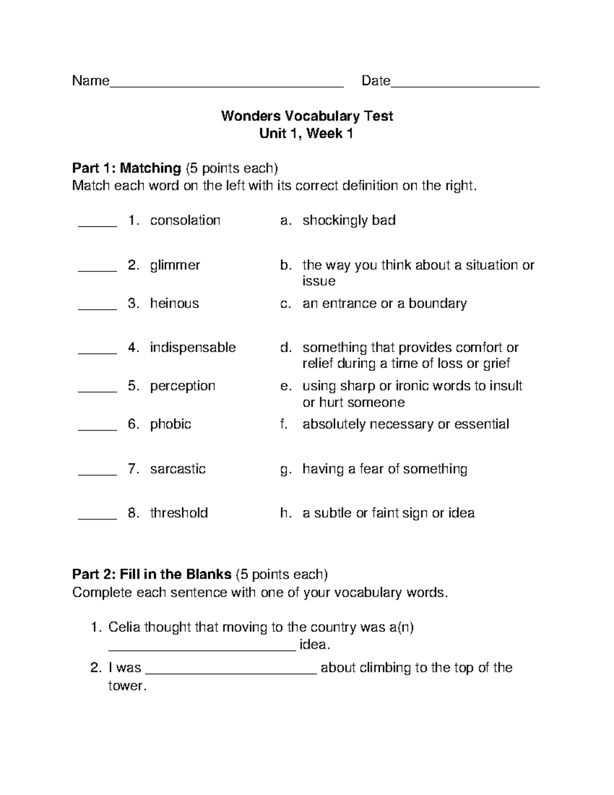 McGraw Hill Wonders Grade 6 Vocabulary Test Unit 1, Week 1 - Studocu