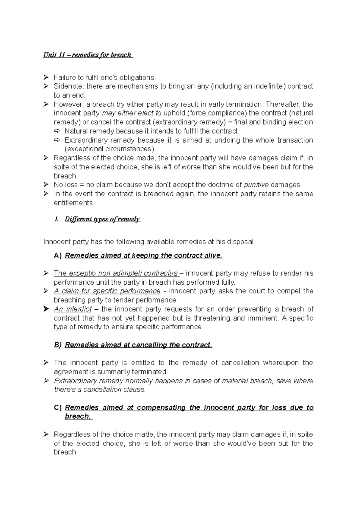 Unit 11 - Remedies for Breach of Contract and Delict - Studocu