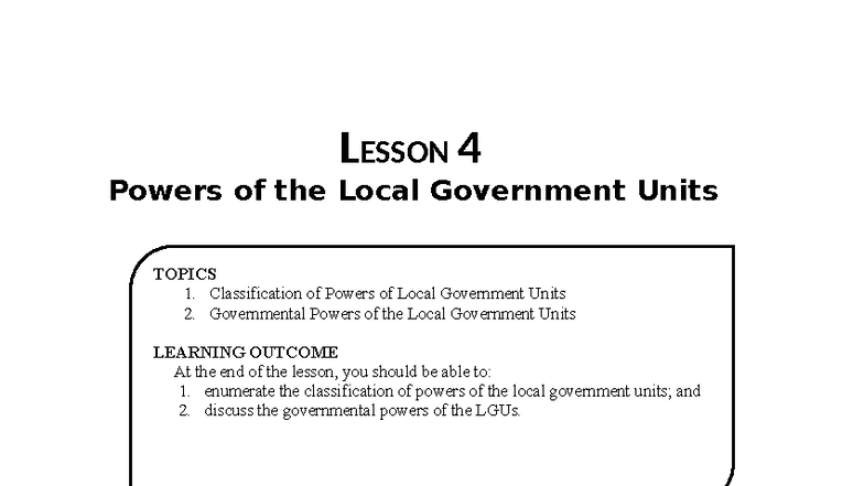 Lesson 4: Powers of Local Government Units (LGUs) Explained - Studocu
