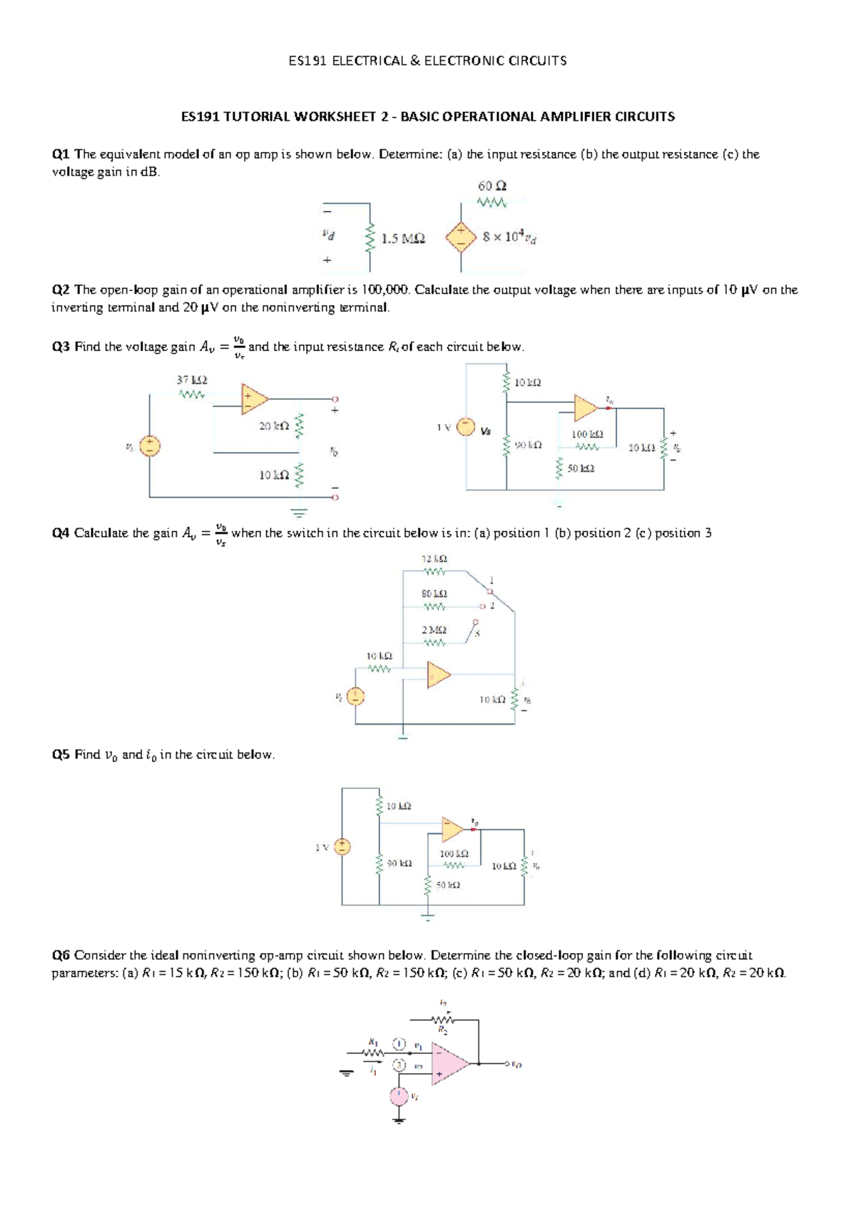 ES191 TUTORIAL WORKSHEET 2: OPERATIONAL AMPLIFIER CIRCUITS - Studocu