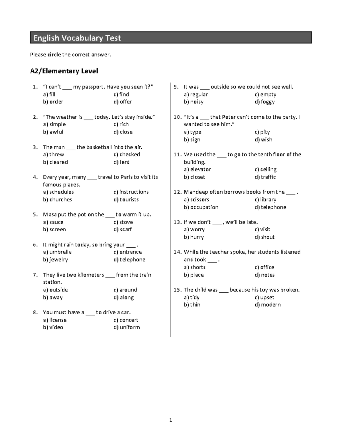 English Vocabulary Test: A2 to C2 Levels Practice Questions - Studocu