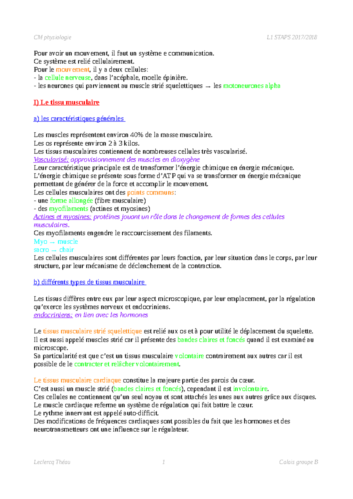 Cours CM Physiologie appliqué L1 STAPS - Pour avoir un mouvement, il faut un système e - Studocu