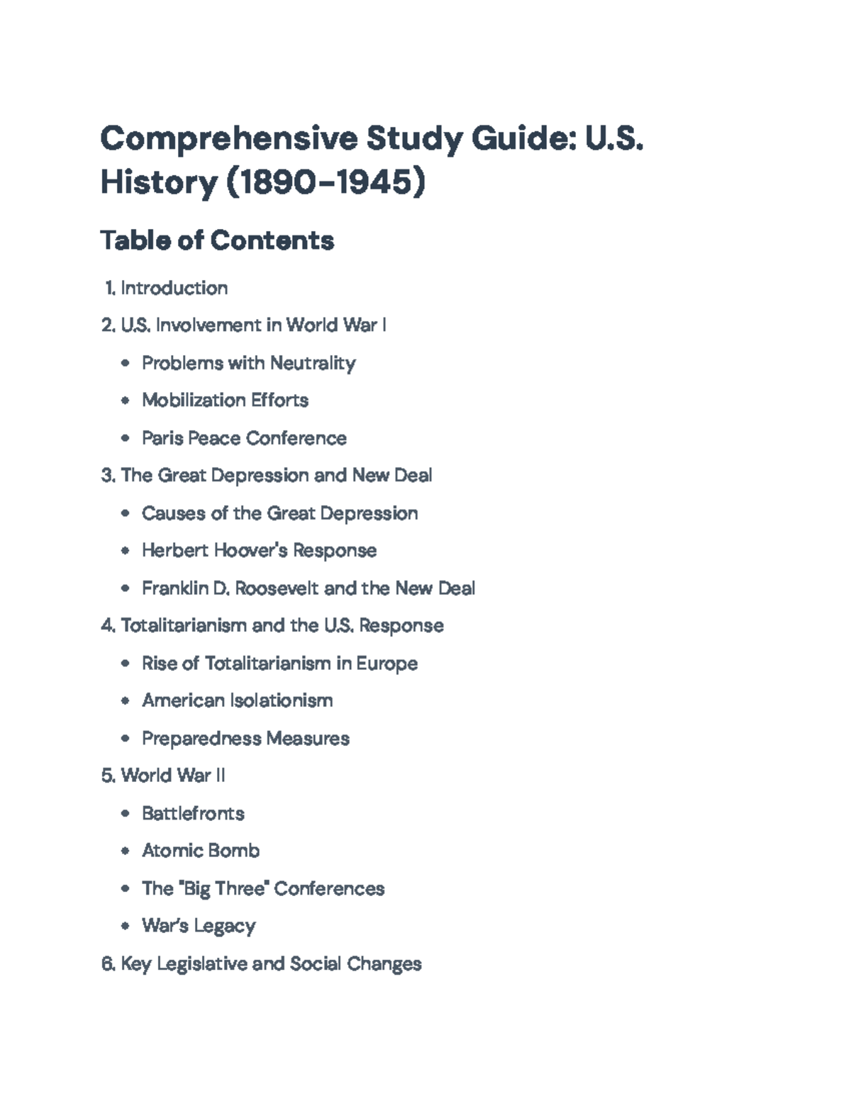 Comprehensive Study Guide: U.S. History (1890-1945) - Key Events ...