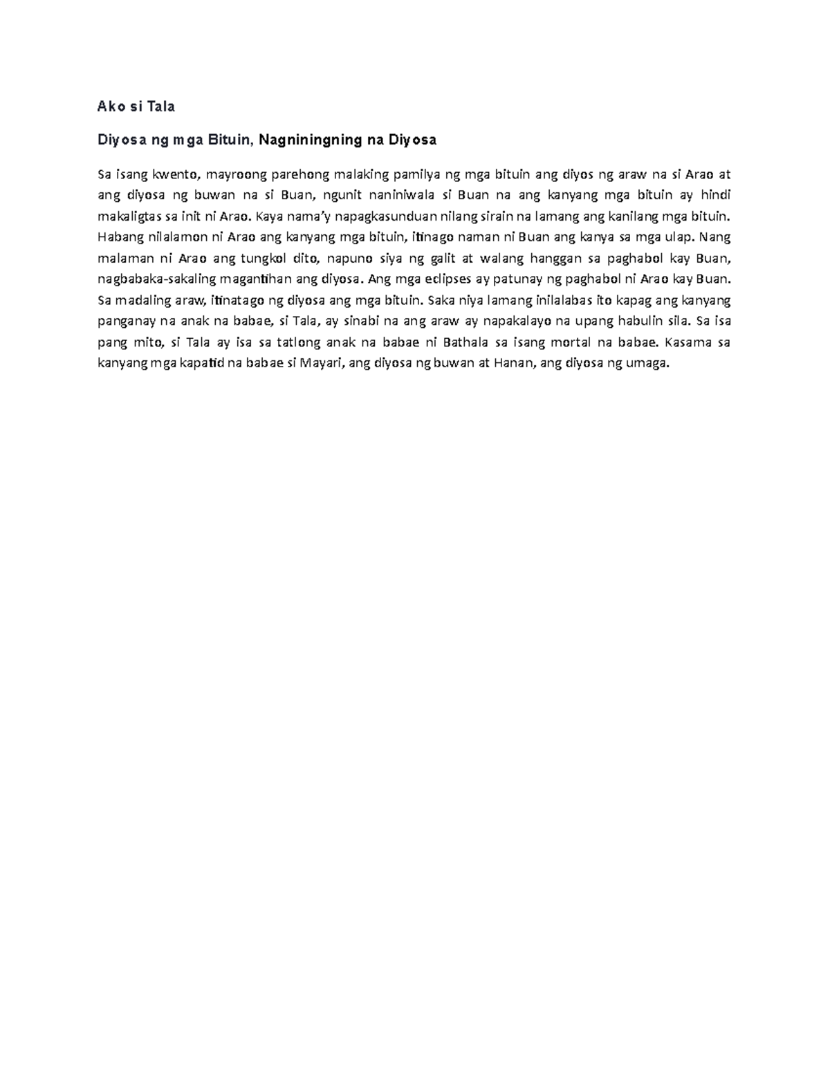 Ako si Tala: Ang Diyosa ng mga Bituin - BEE Study Notes - Studocu