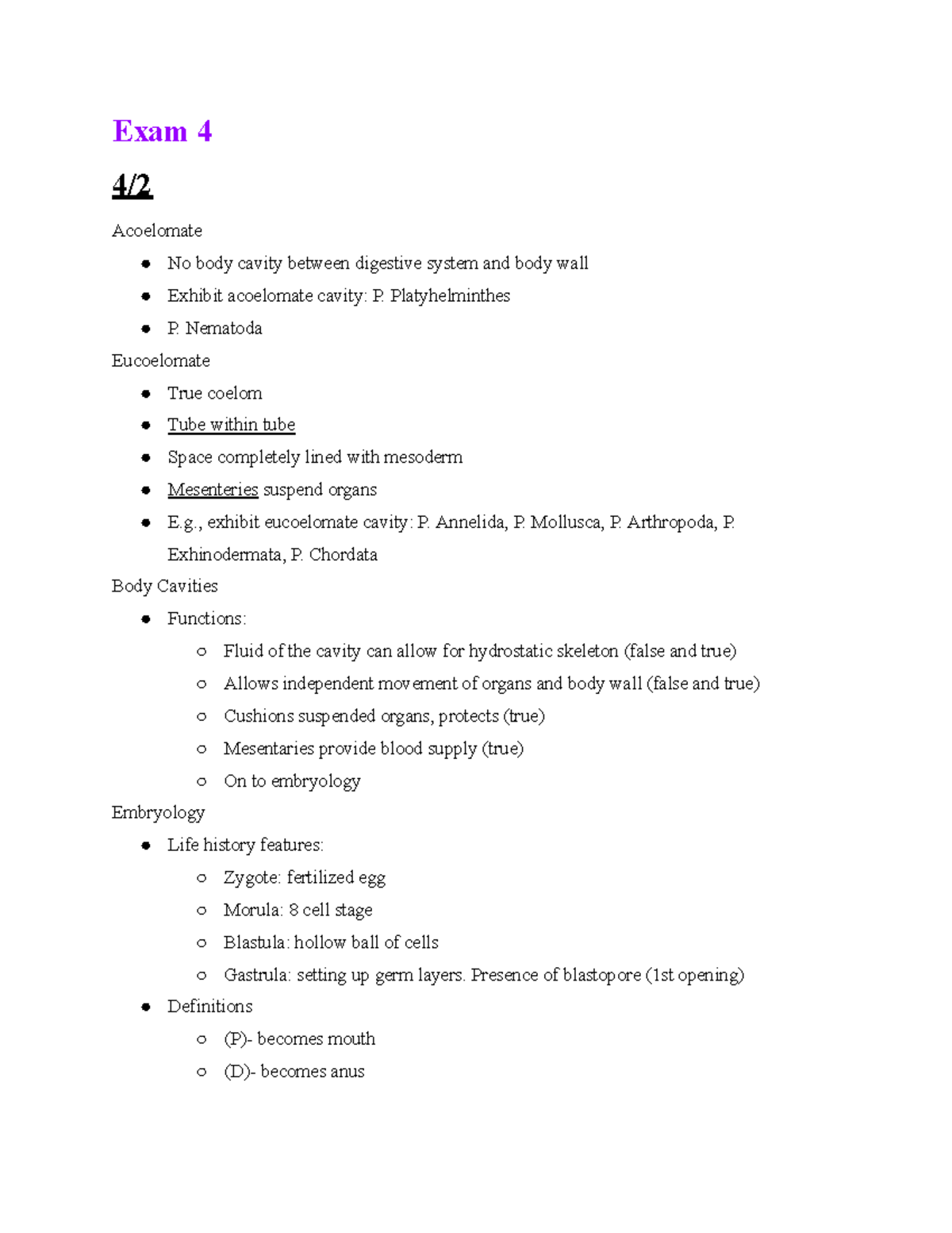 Exam 4: Acoelomate and Eucoelomate Body Cavities - Studocu