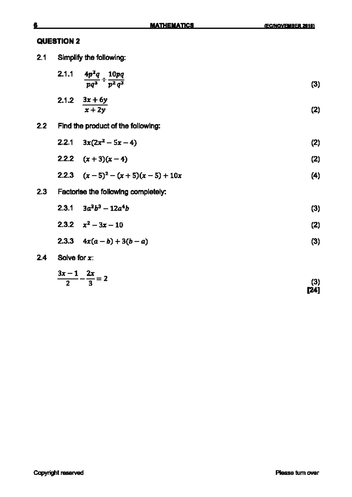 ALgebraic Expressions EC X GP QP Gr 9 - 6 MATHEMATICS 2019) QUESTION 2 ...