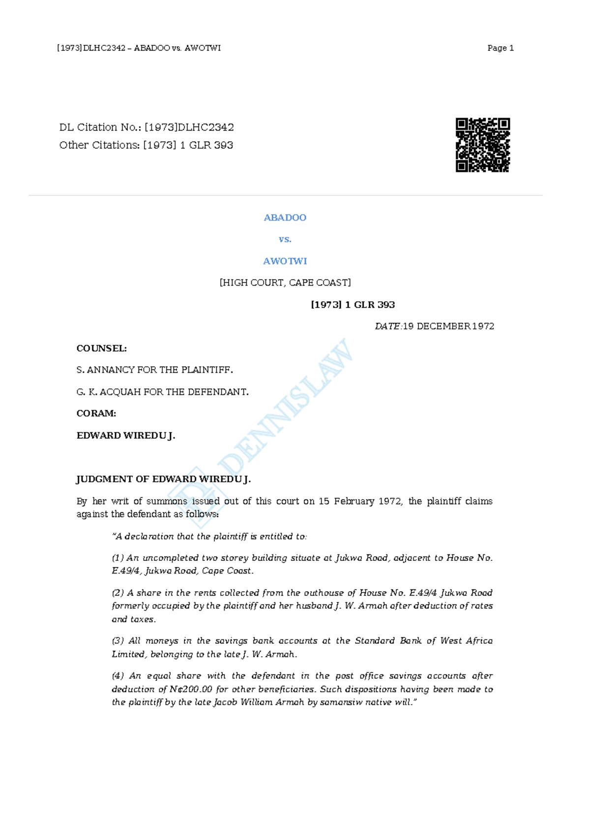 Abadoo vs. Awotwi Case Study: Judgment Analysis [1972] DLHC 2342 - Studocu