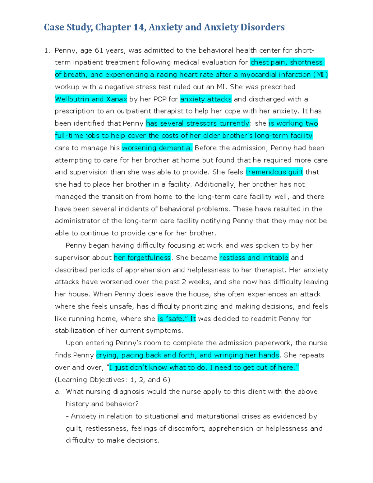 Videbeck 8e CS Chapter 14-Student - Case Study, Chapter 14, Anxiety and ...