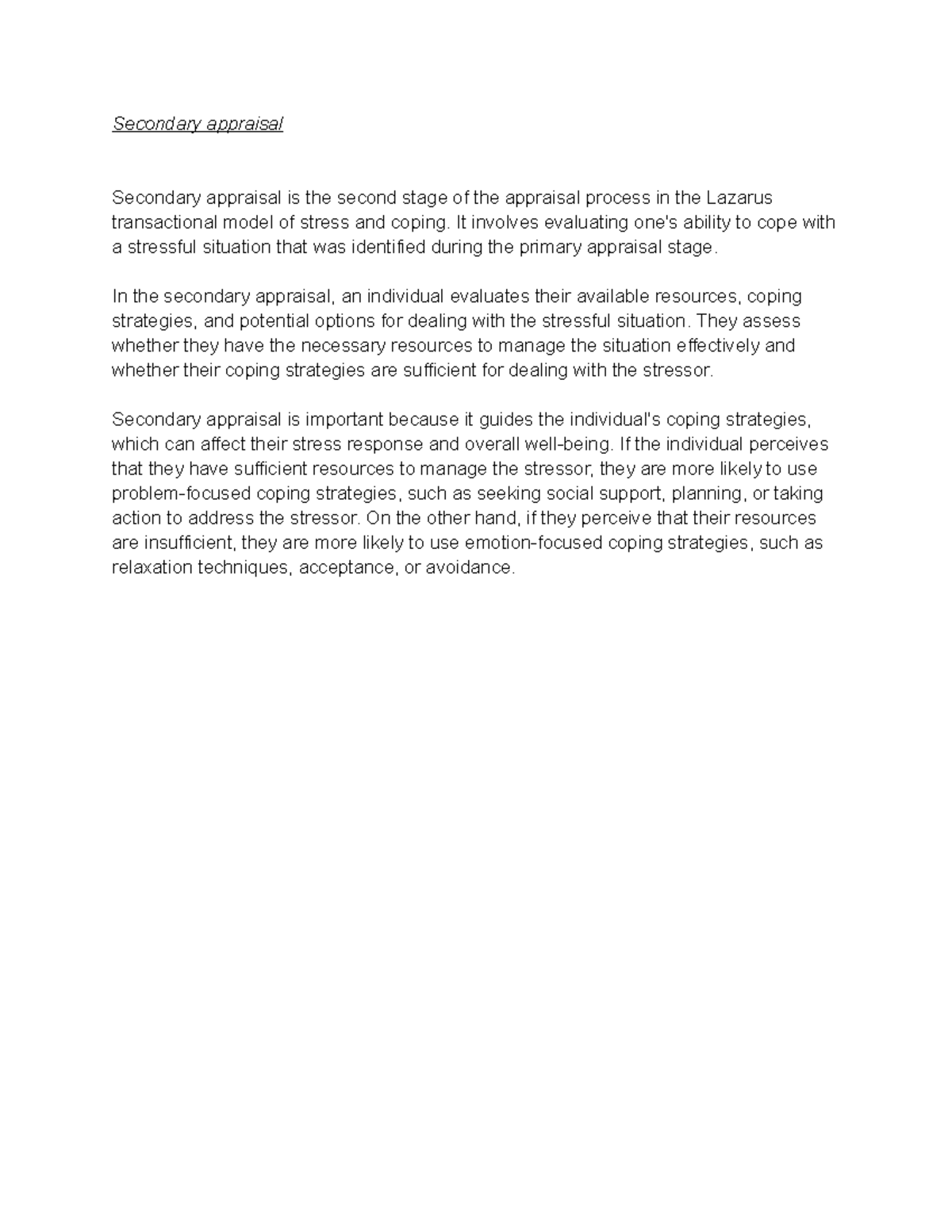 PSYC 201 - Secondary Appraisal in Stress & Coping Process - Studocu