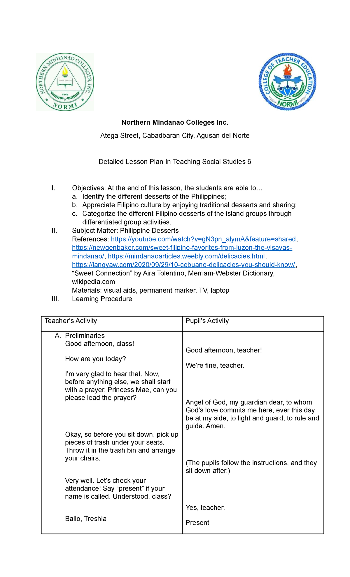 Detailed Lesson Plan: Teaching Social Studies 6 - Philippine Desserts ...