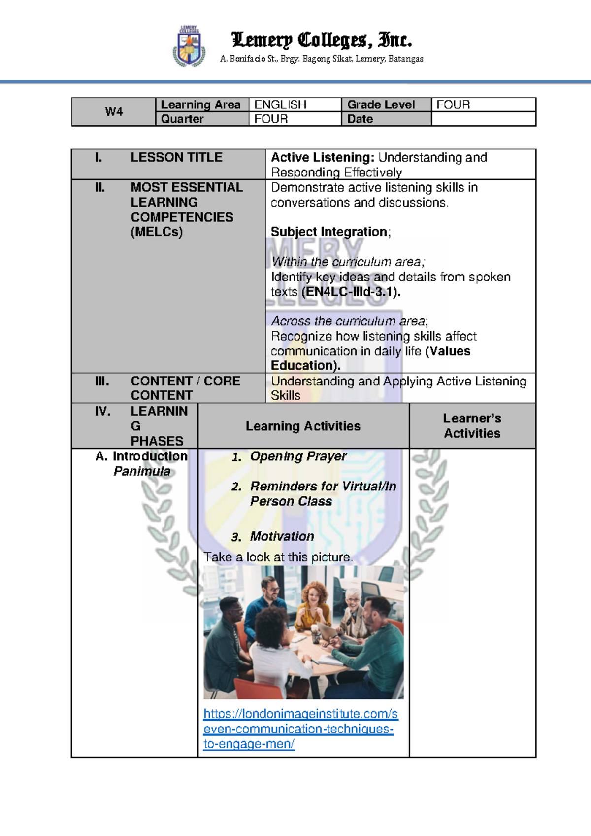 Active Listening Skills in English 4: Lesson Plan & Activities - Studocu