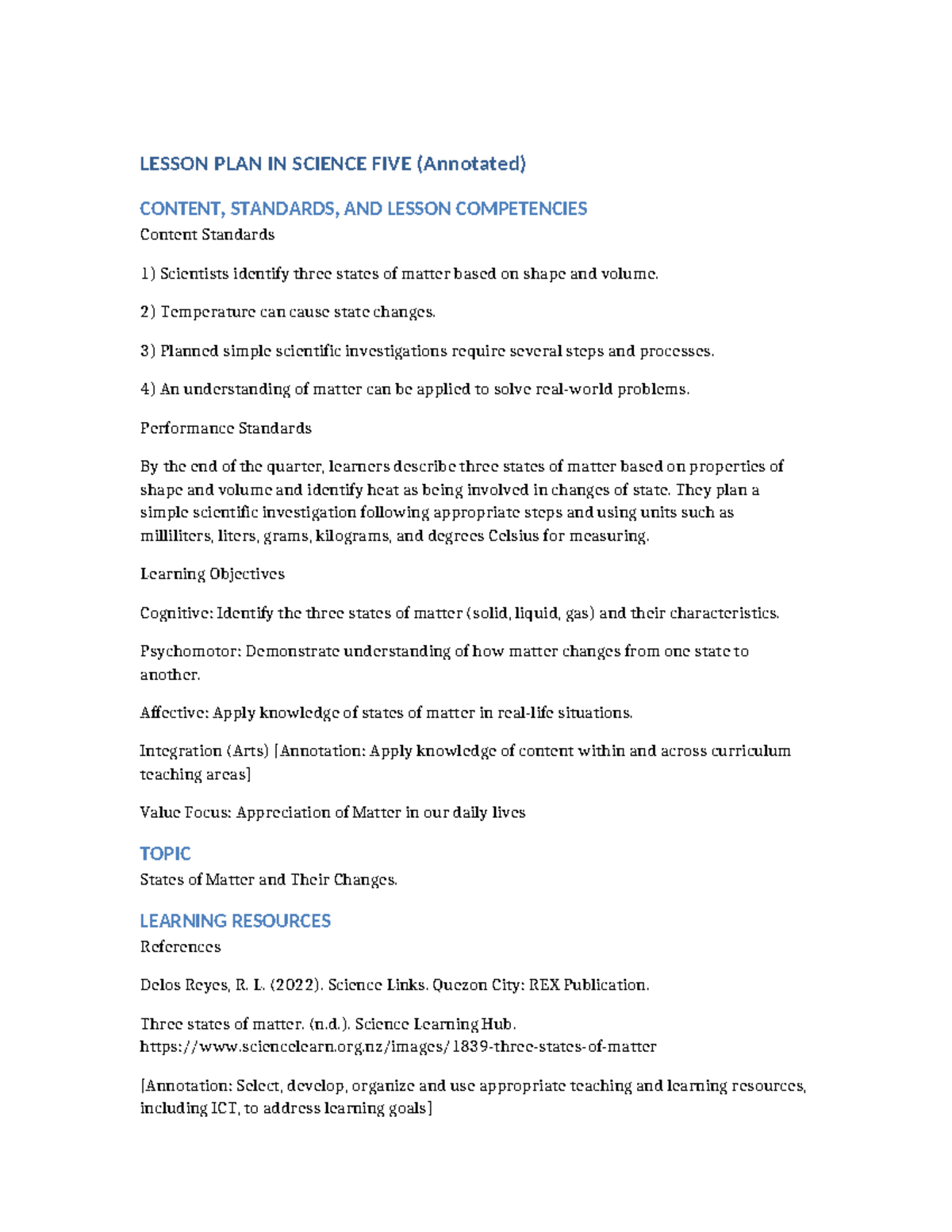 Lesson Plan in Science 5: States of Matter and Changes - Studocu