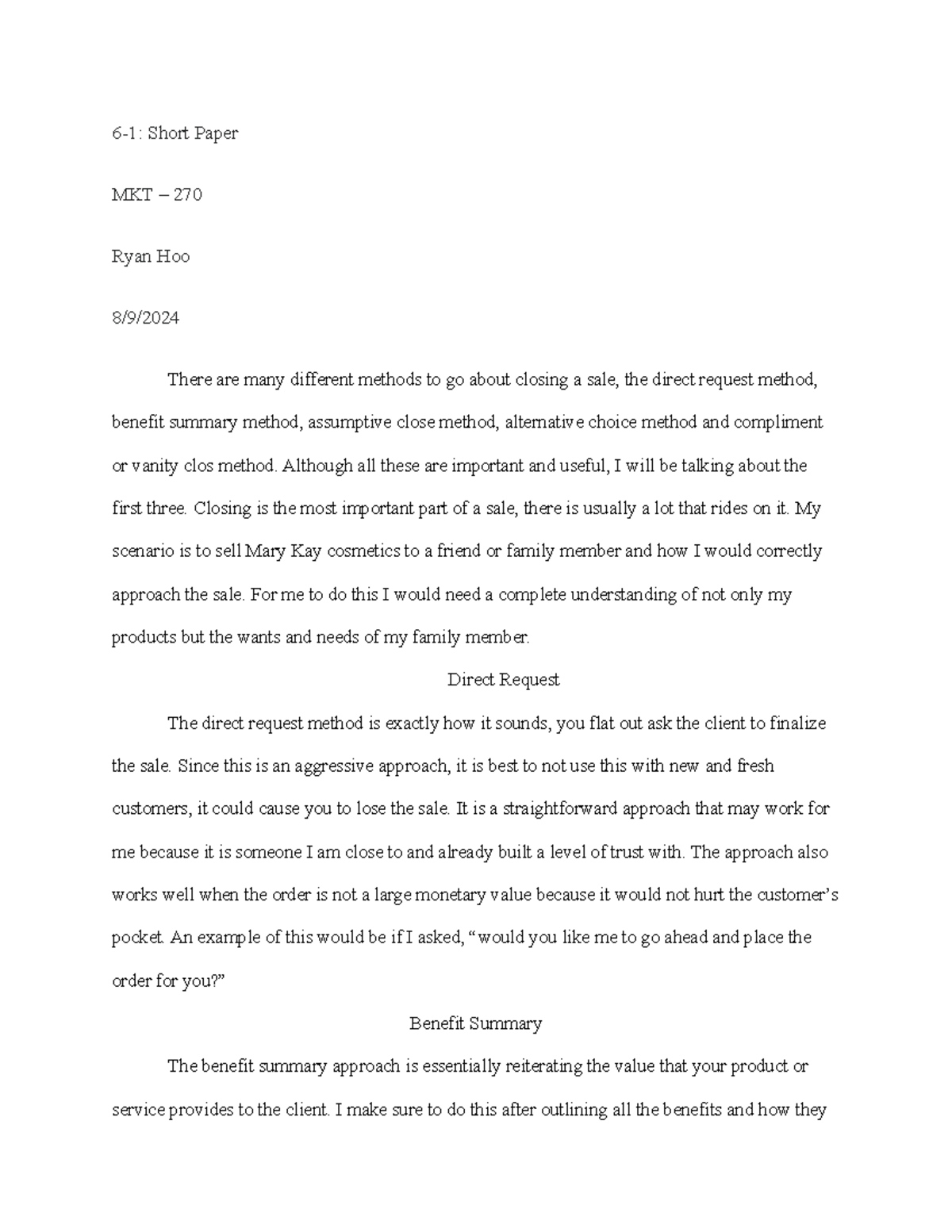 MKT-270: Short Paper on Sales Closing Techniques and Methods - Studocu