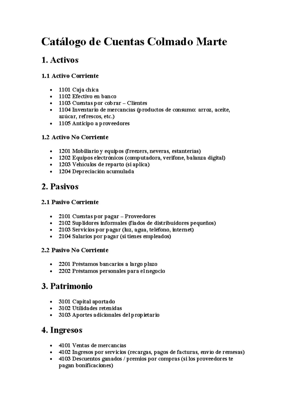 Catálogo de Cuentas - Colmado Marte: Activos y Pasivos - Studocu