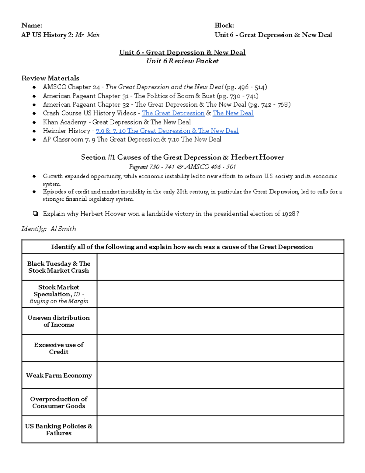 Unit 6 Great Depression New Deal Review Packet - Name: Block: AP US ...