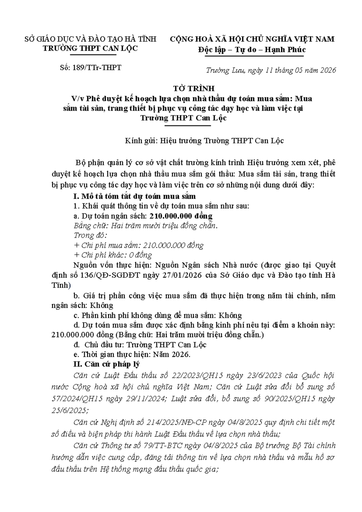 Tờ Trình Phê Duyệt Kế Hoạch Lựa Chọn Nhà Thầu - THPT Can Lộc - Studocu