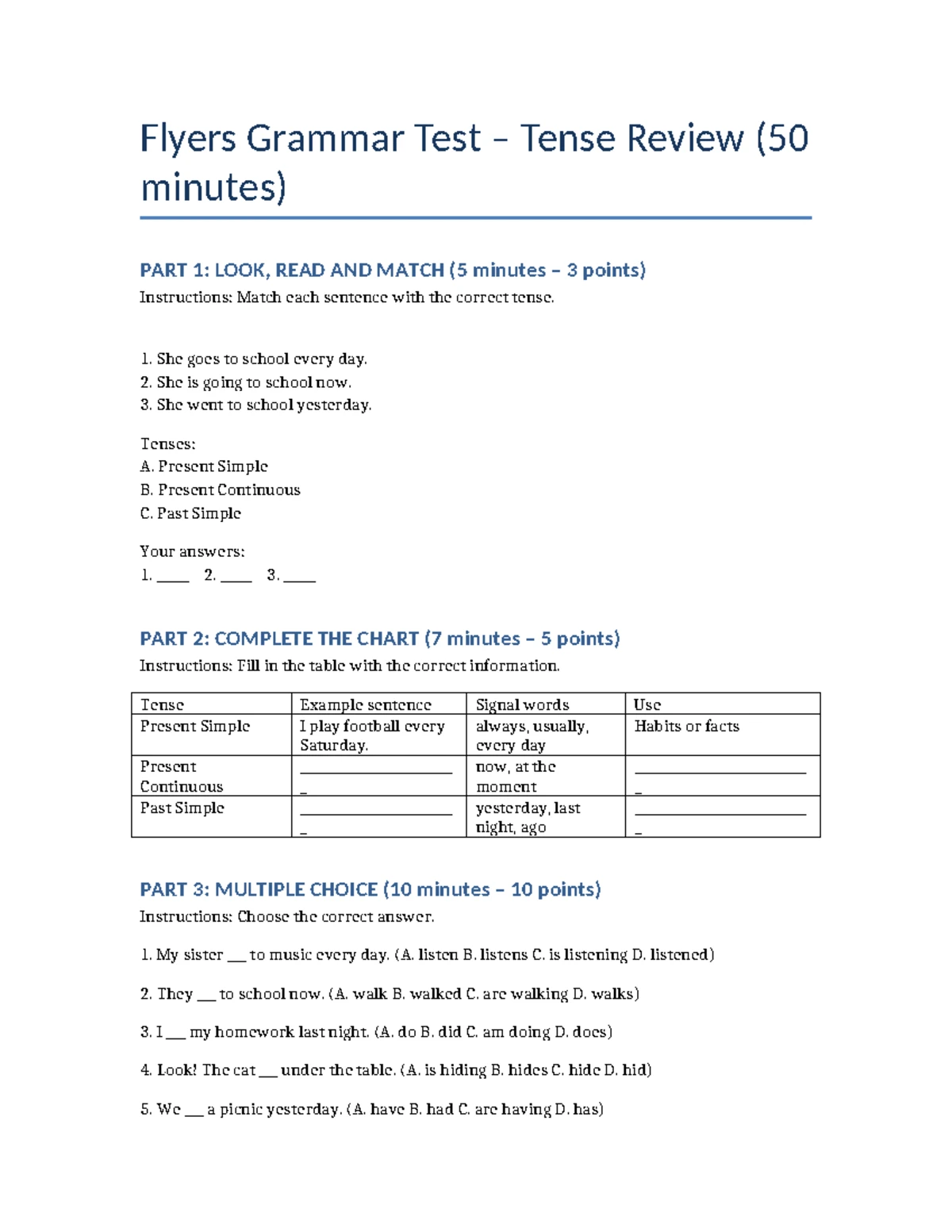 Flyers Tense Test 2: Present Simple, Past Simple, & Continuous - Studocu