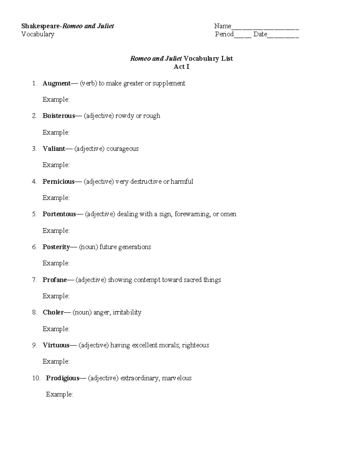 Romeo & Juliet Vocabulary List: Comprehensive Guide for Acts I-V - Studocu