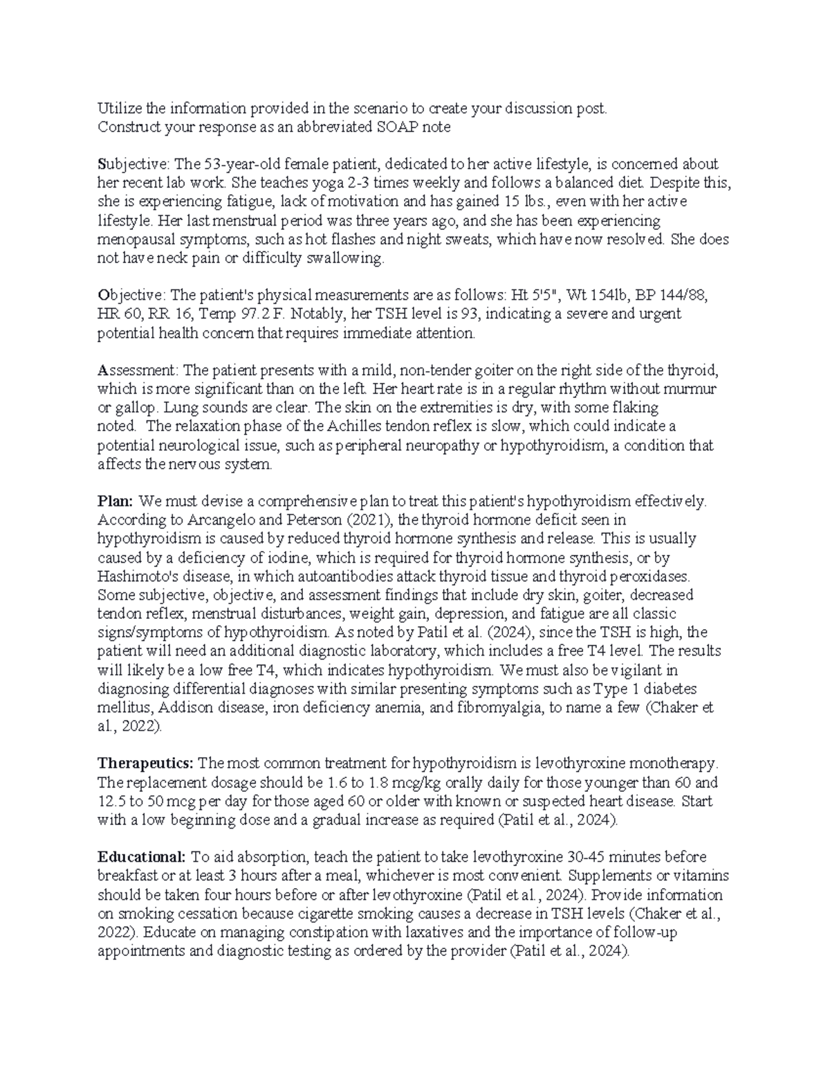 Unit 4 Discussion 2: SOAP Note on Hypothyroidism Treatment - Studocu
