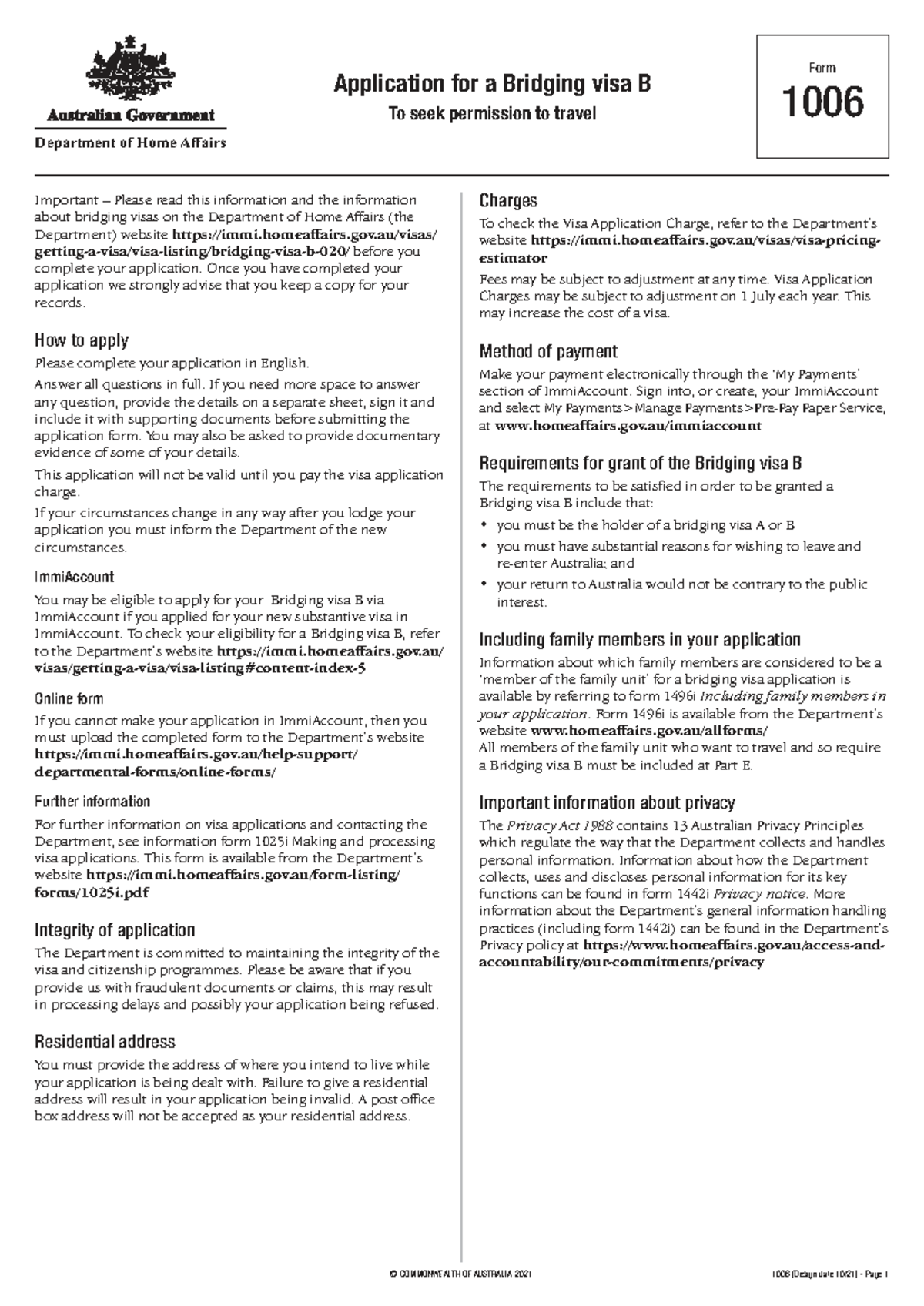Bridging Visa B Application Guide - Form 1006 Instructions - Studocu