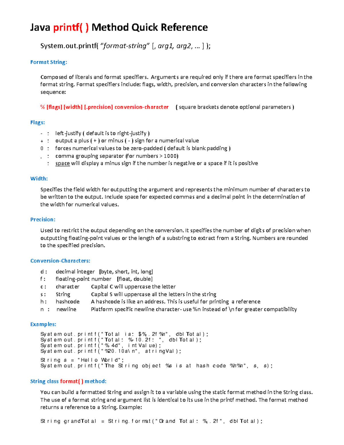 Java printf() Method Quick Reference Cheat Sheet for Students - Studeersnel