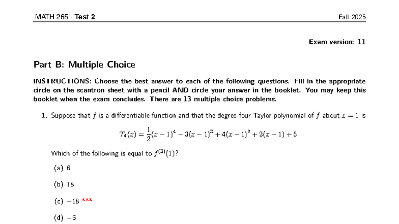 MATH 265 Midterm 2 Practice Exam - Fall 2025 Version 11 - Studocu