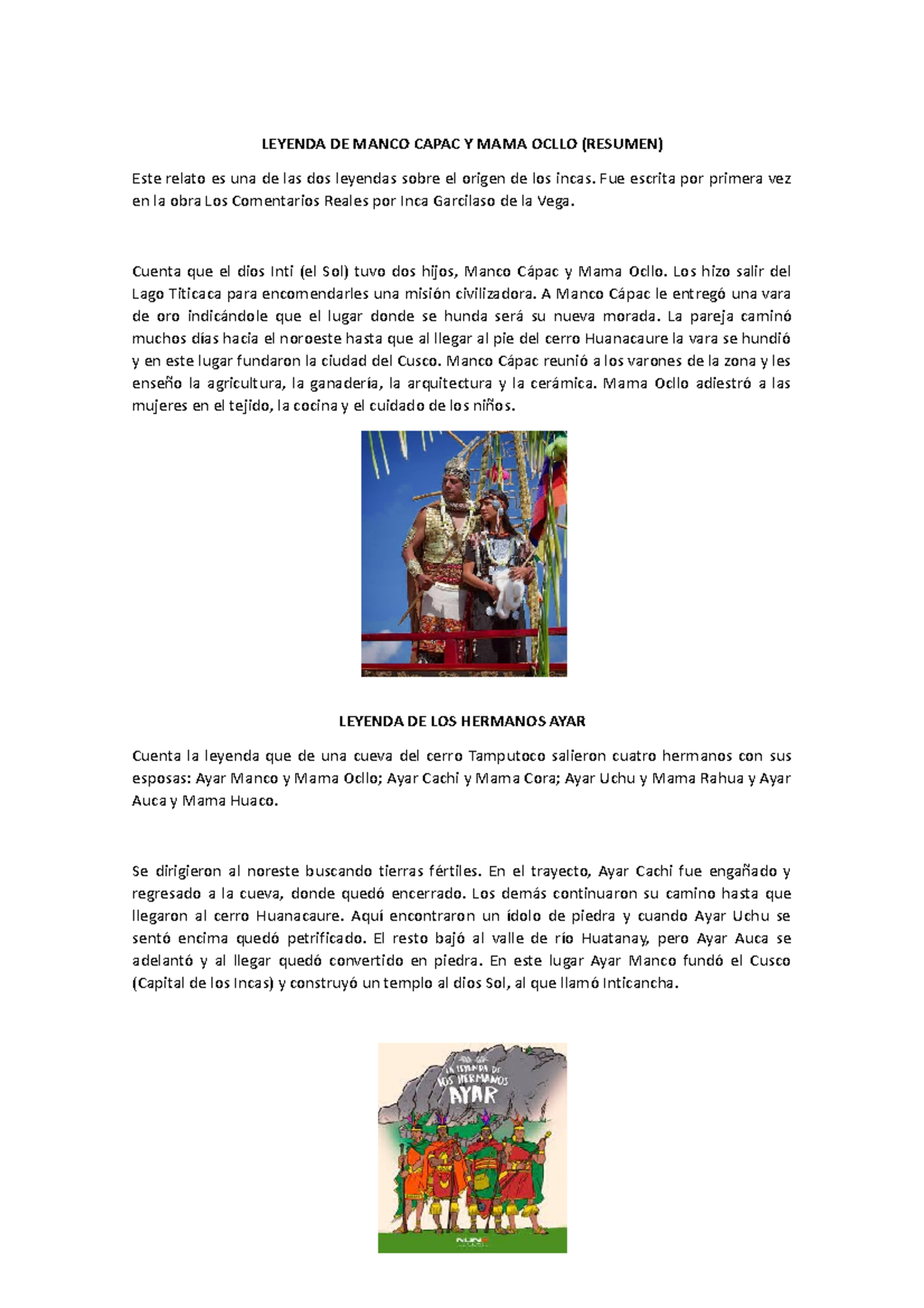 Leyenda De Manco Capac Y Mama Ocllo Resumen Leyenda De Manco Capac Y