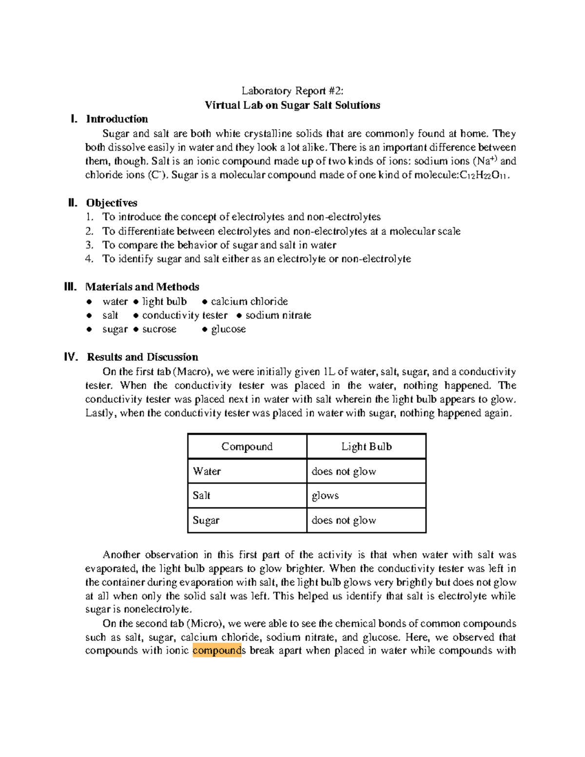 Laboratory Report #2: Virtual Lab on Sugar vs. Salt Solutions - Studocu