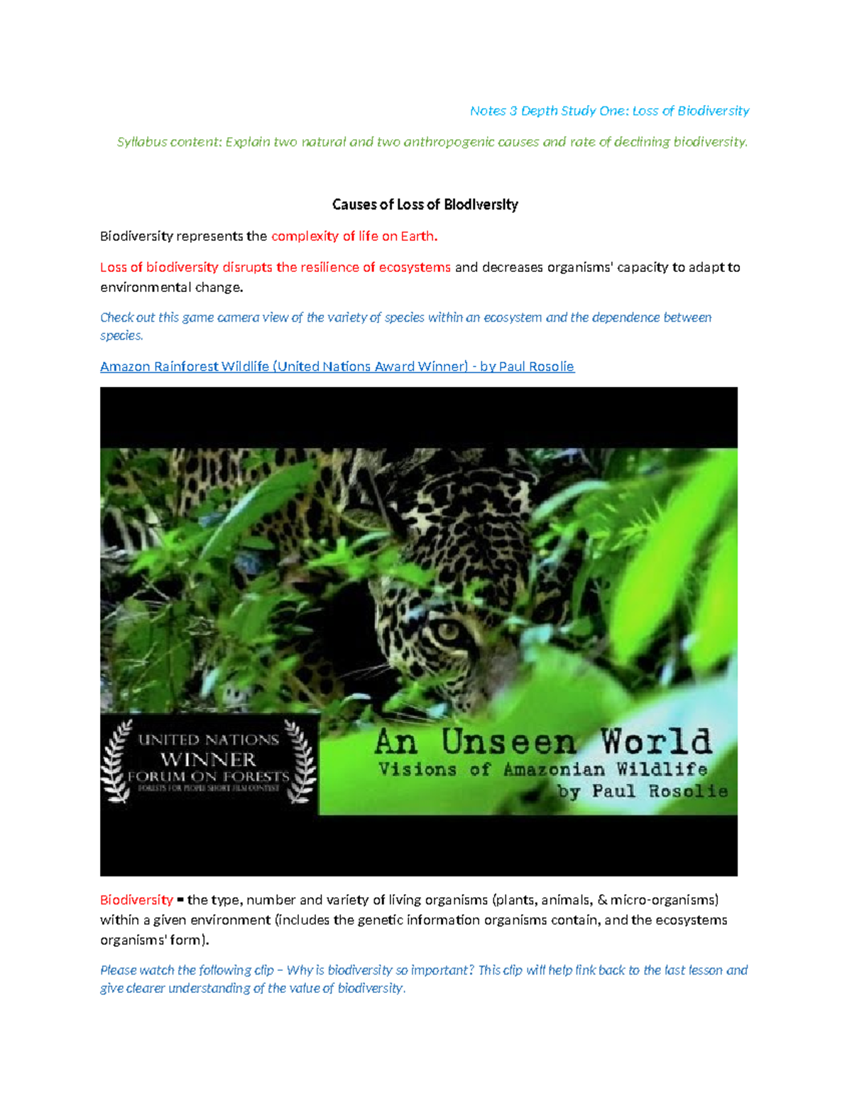 Notes 3 Depth Study One: Causes & Rate of Biodiversity Loss - Studocu