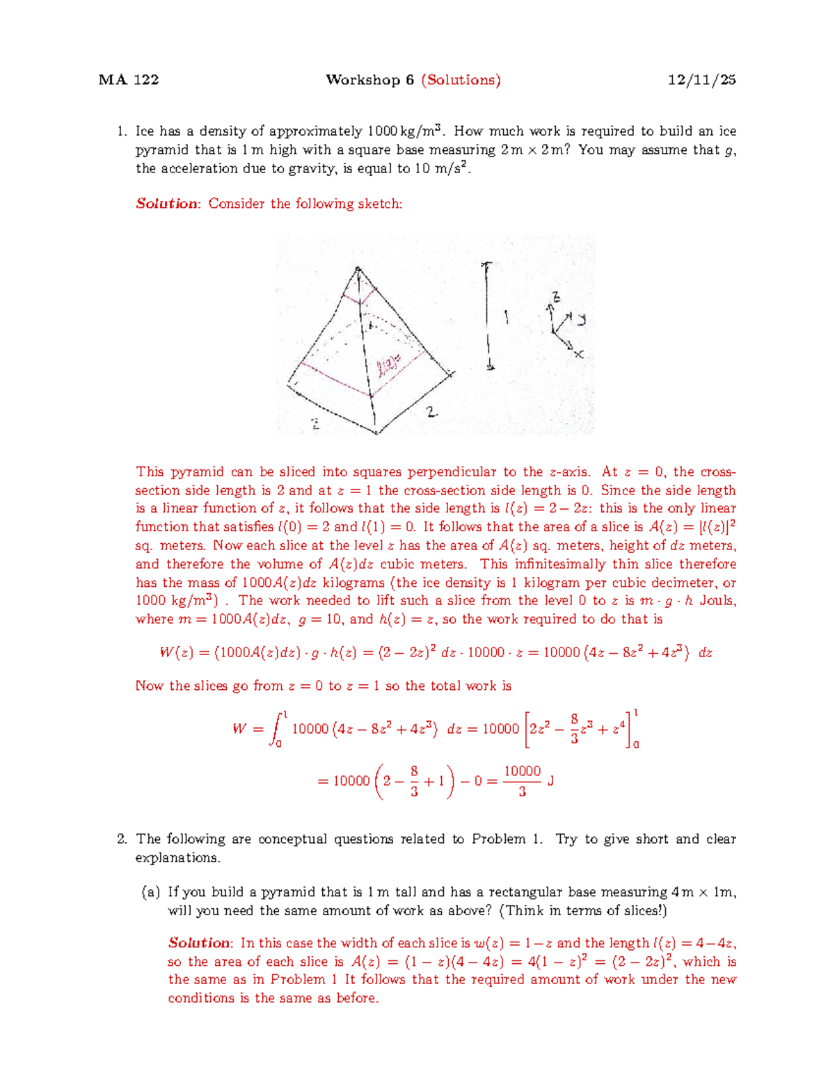 MA 122 Workshop 6 Solutions: Ice Pyramid Work Calculation - Studocu