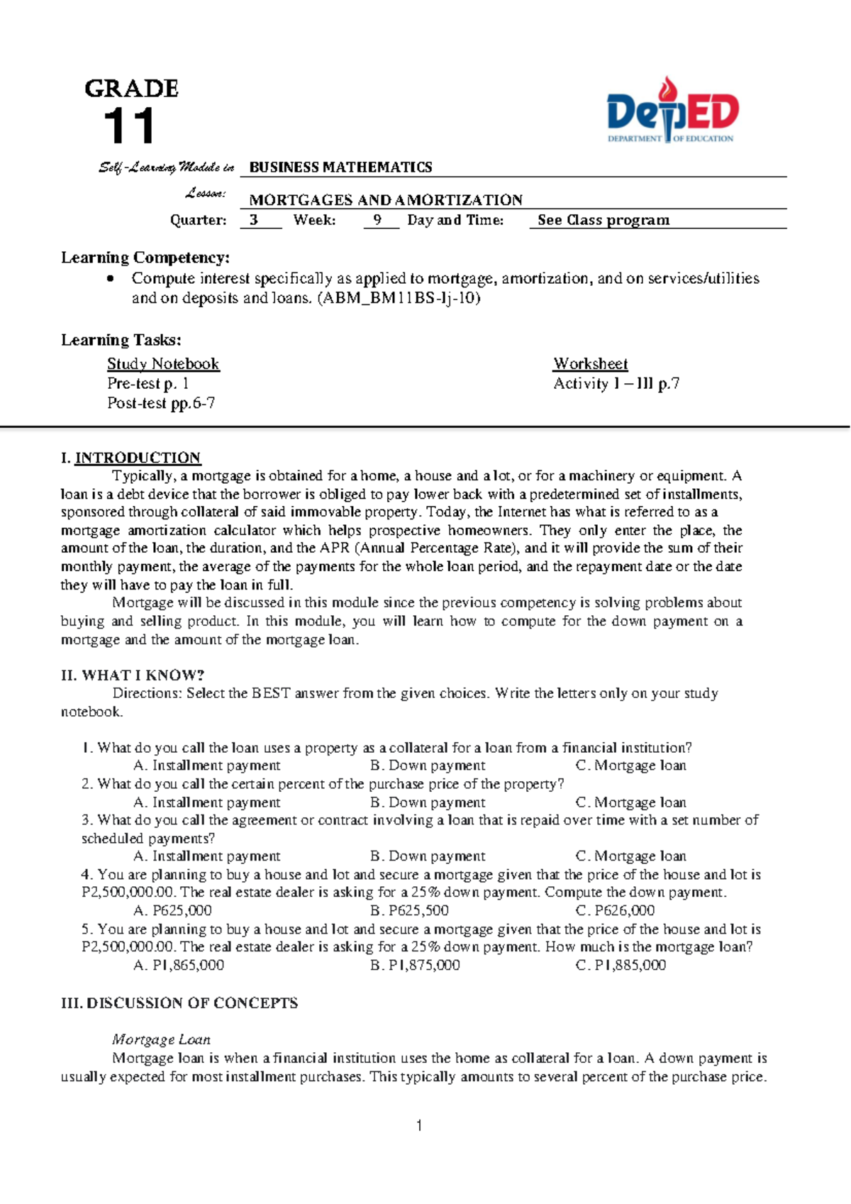 Business MATH Q3-WEEK-9: Final Module on Mortgages & Amortization - Studocu