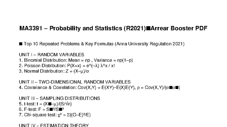MA3391 Probability & Statistics Arrear Booster: Key Formulas & Tips ...