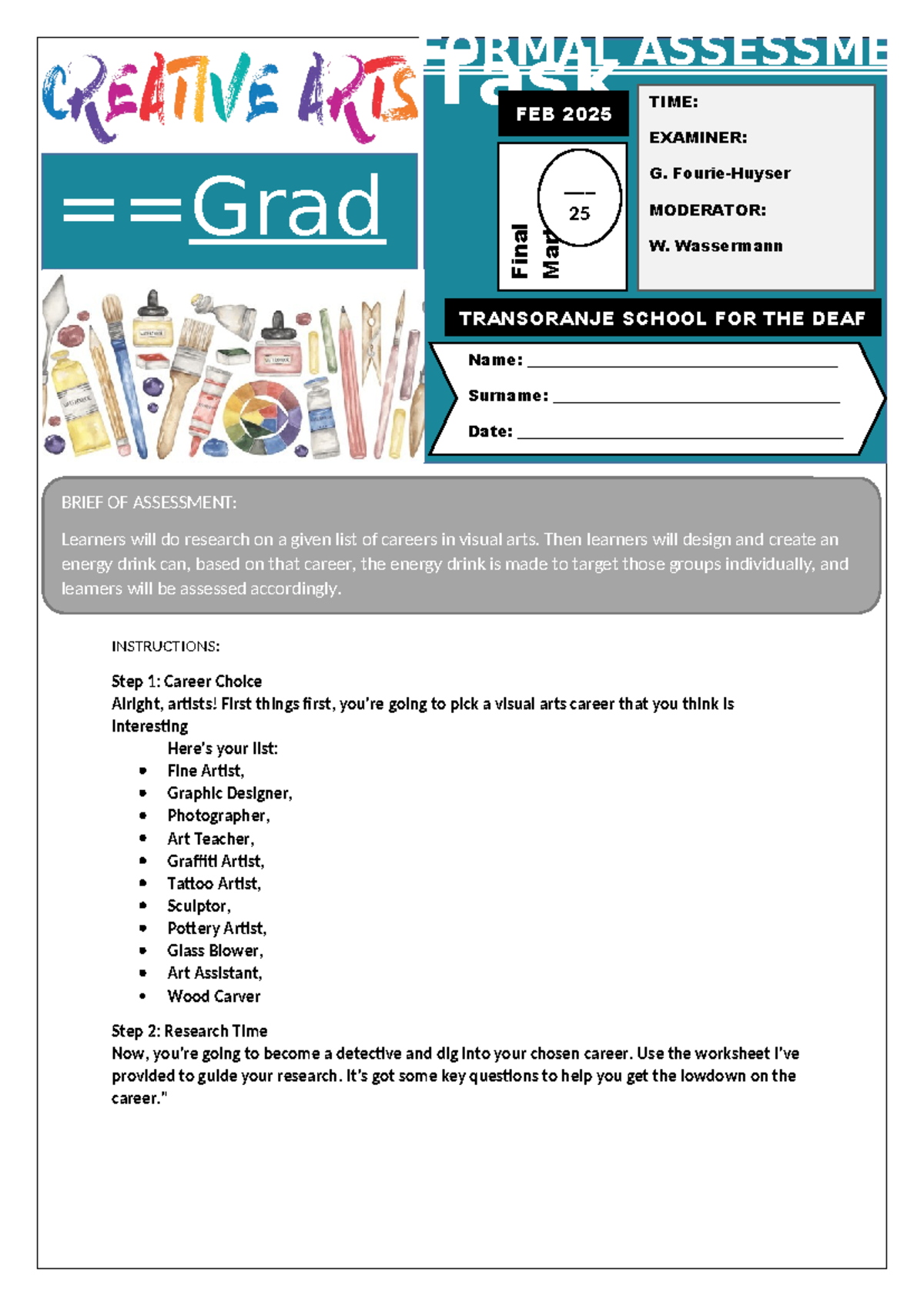 Visual Arts Task 1 Grade 8 - INSTRUCTIONS: Step 1: Career Choice ...