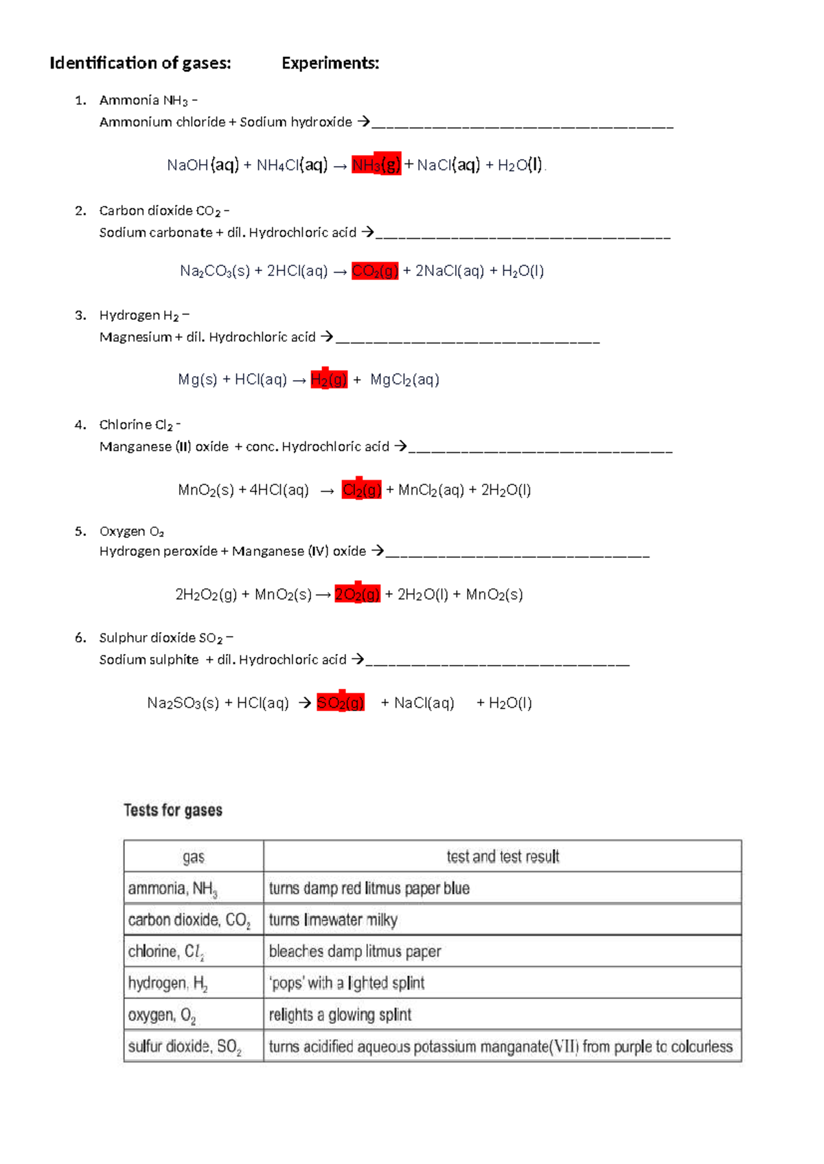Identification of gases - notes - Identification of gases: Experiments ...