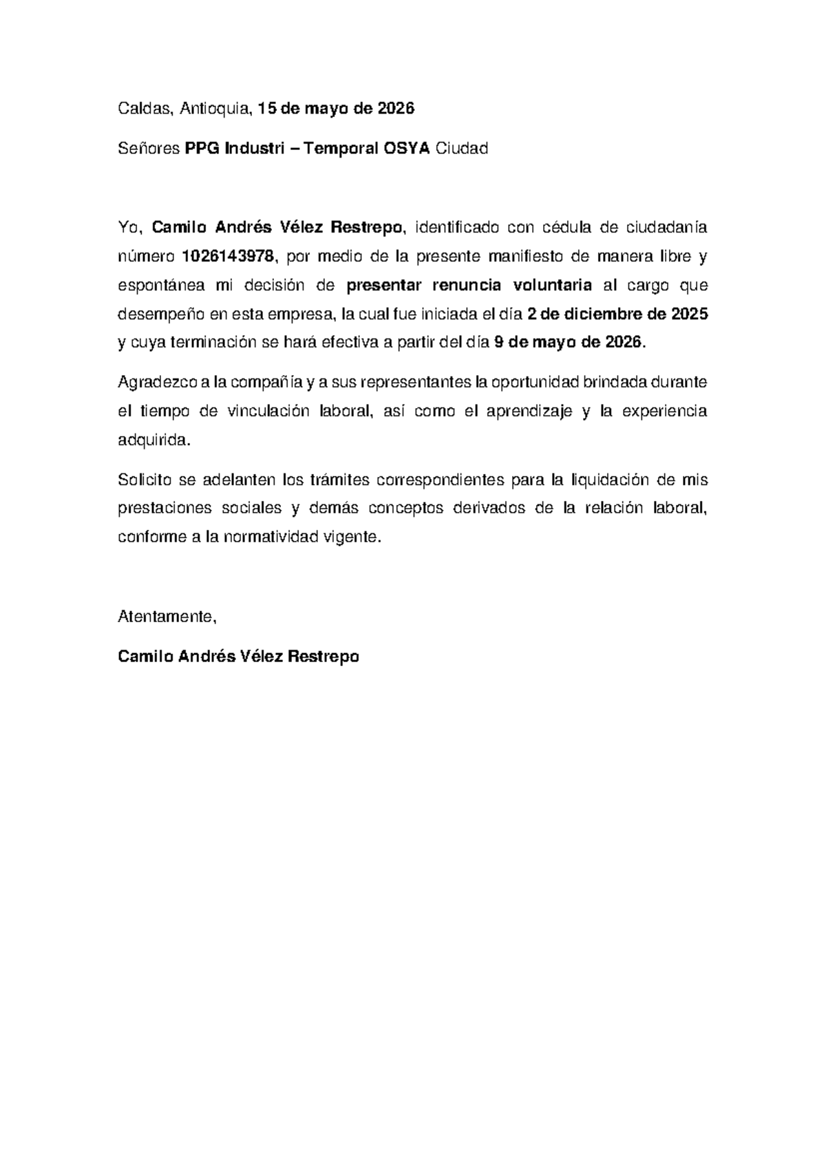 Carta de Renuncia Voluntaria - Camilo Andrés Vélez Restrepo - Studocu