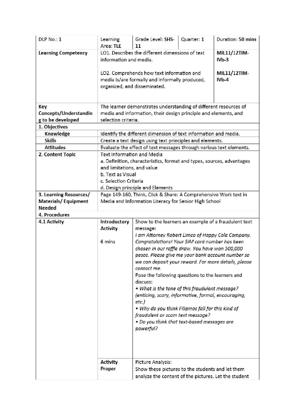 DLP TLE 11: Understanding Text Info & Media - Quarter 1 Lesson Plan ...