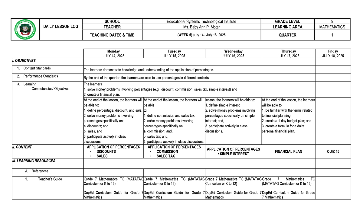 G7 Mathematics Lesson Plan: Week 5 - Application of Percentages - Studocu