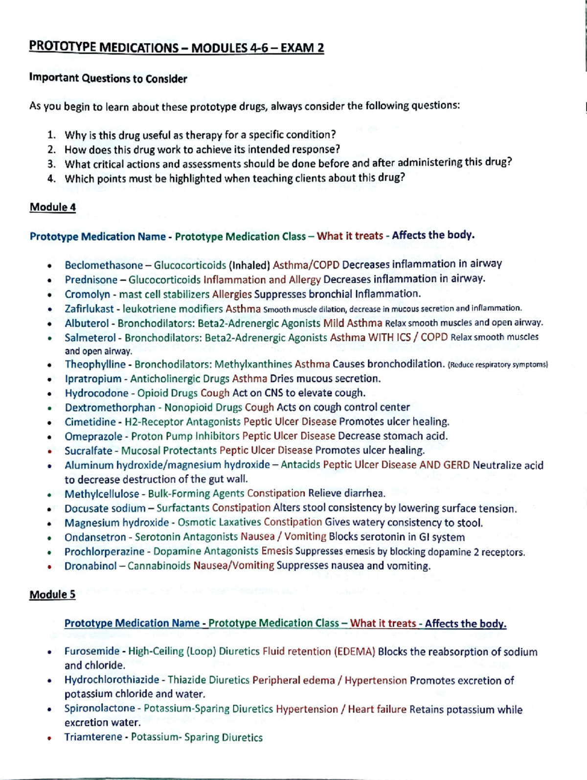 Prototype Medications Overview for Pharm Module 4-7 - Exam 2 - Studocu