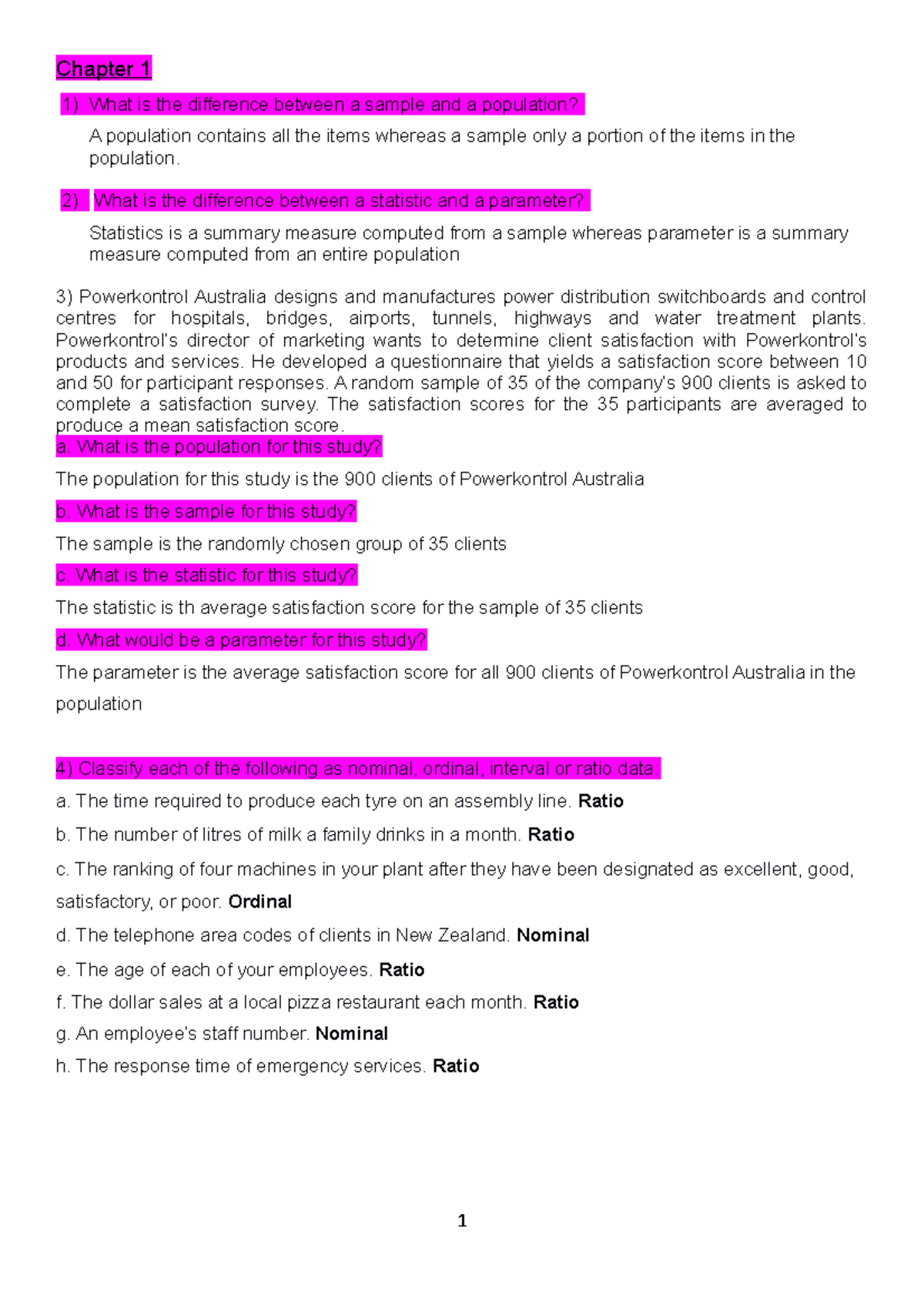 COMM121 Tut 1 - Chapter 1 What is the difference between a sample and a ...
