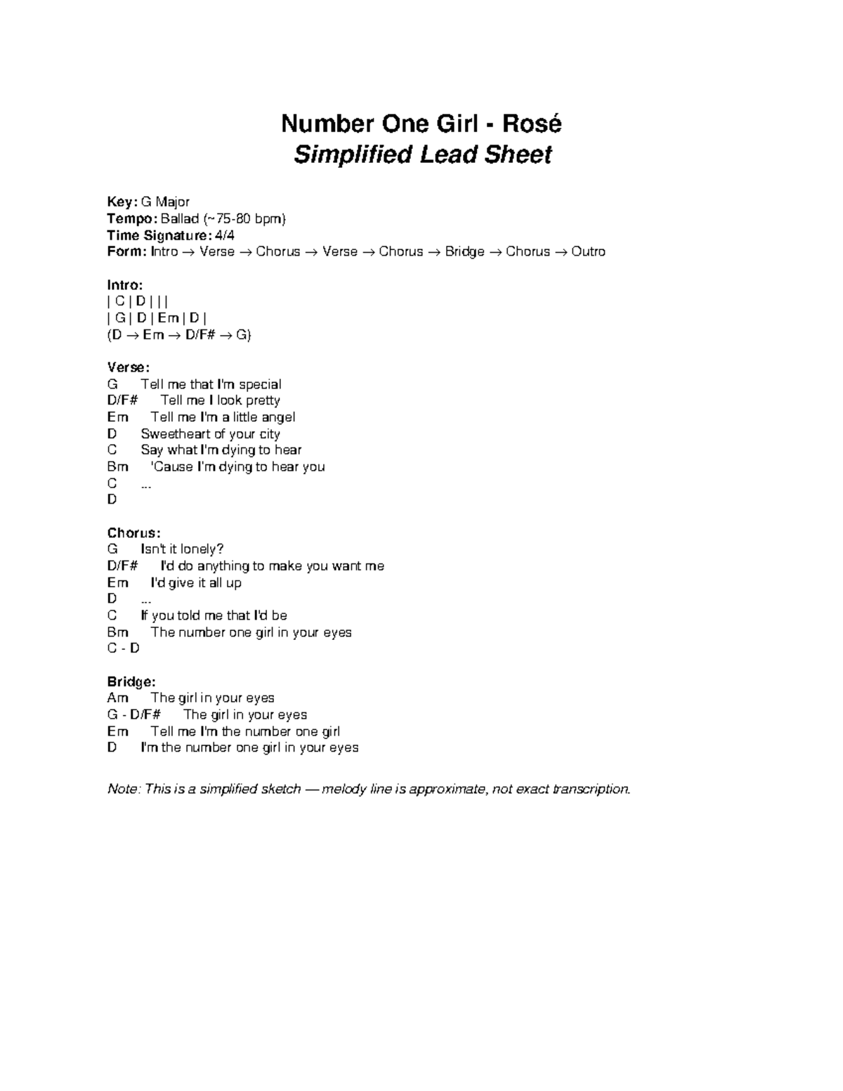 Number One Girl Rosé Simplified Lead Sheet (G Major) - Studocu