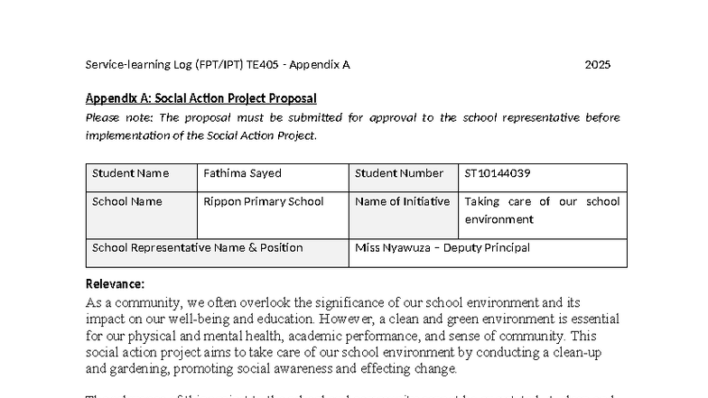 Social Action Project Proposal: Taking Care of Our School Environment ...