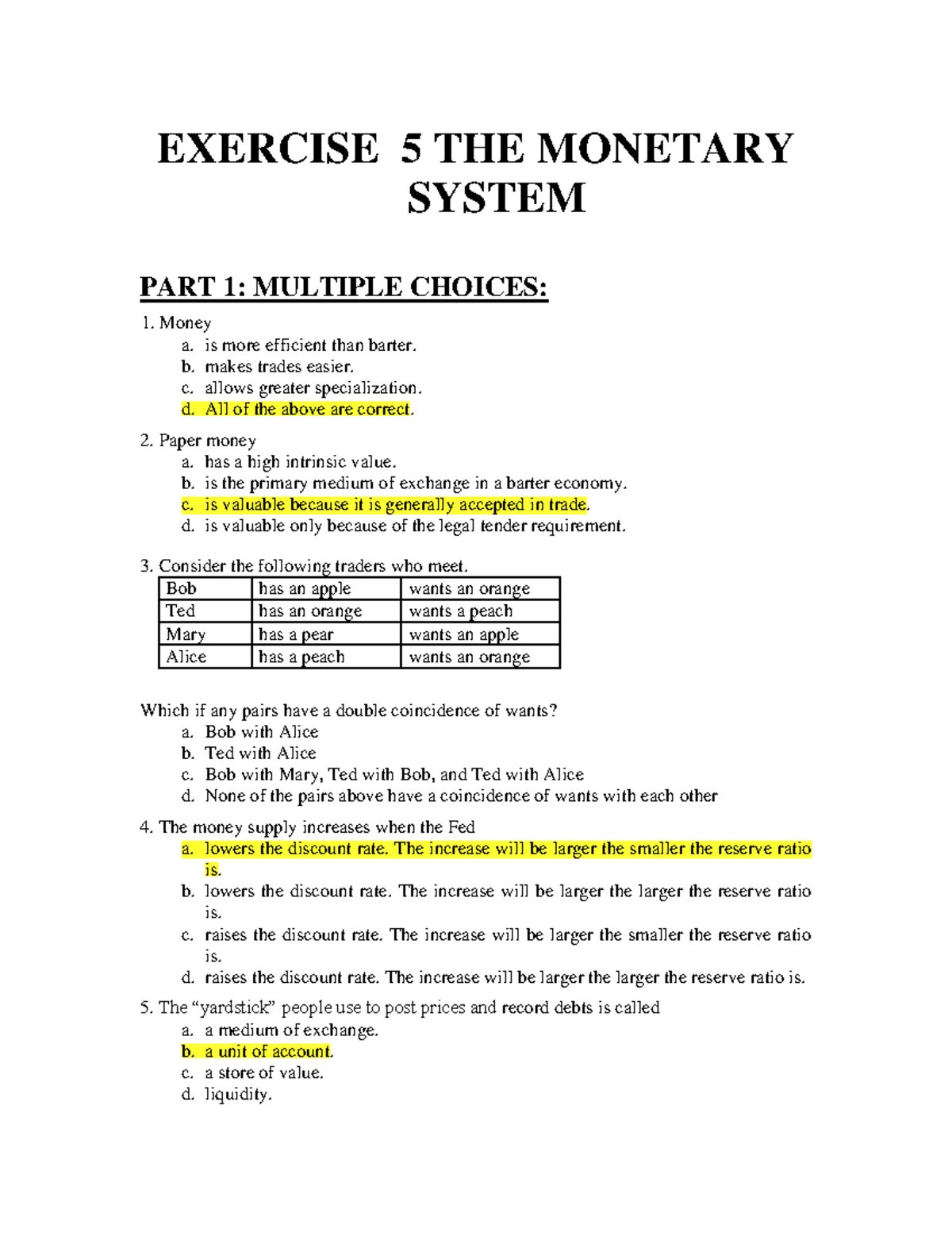 Exercise 5: The Monetary System - Multiple Choice Questions (MACRO 101 ...
