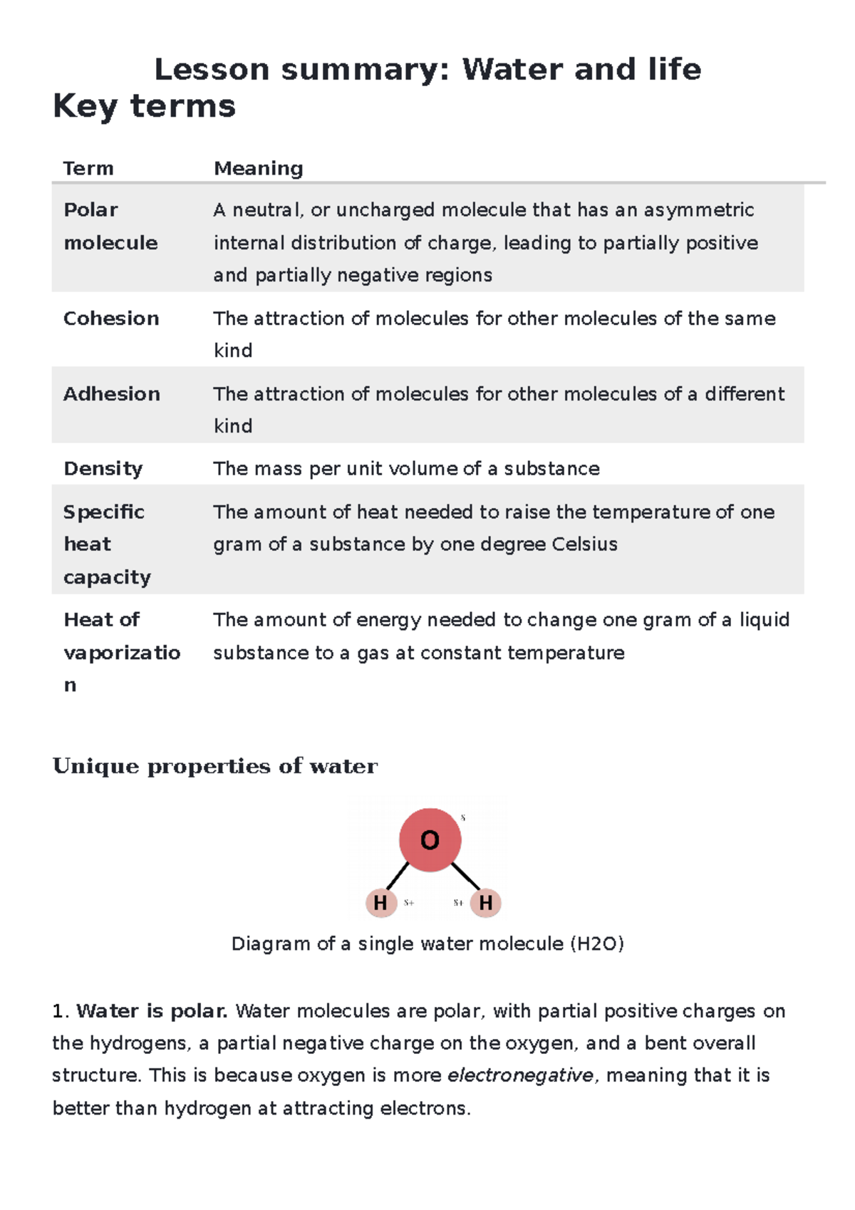 Lesson 4 - Water Structure & Properties Overview - Studocu