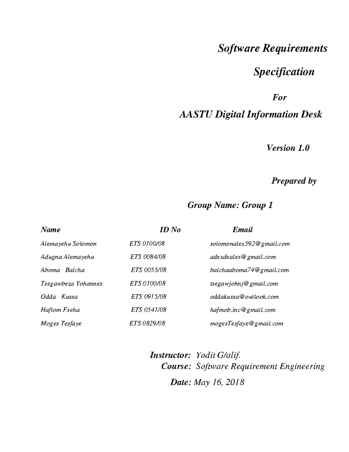 Software Requirements Specification (SRS) for AASTU Digital Information ...