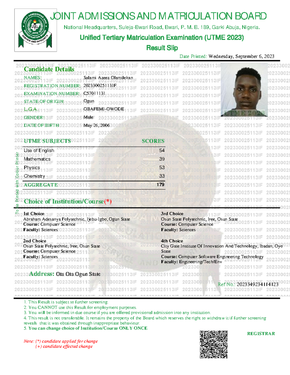 Salami Azeez Olamilekan Result Slip - UTME SUBJECTS SCORES Choice of ...