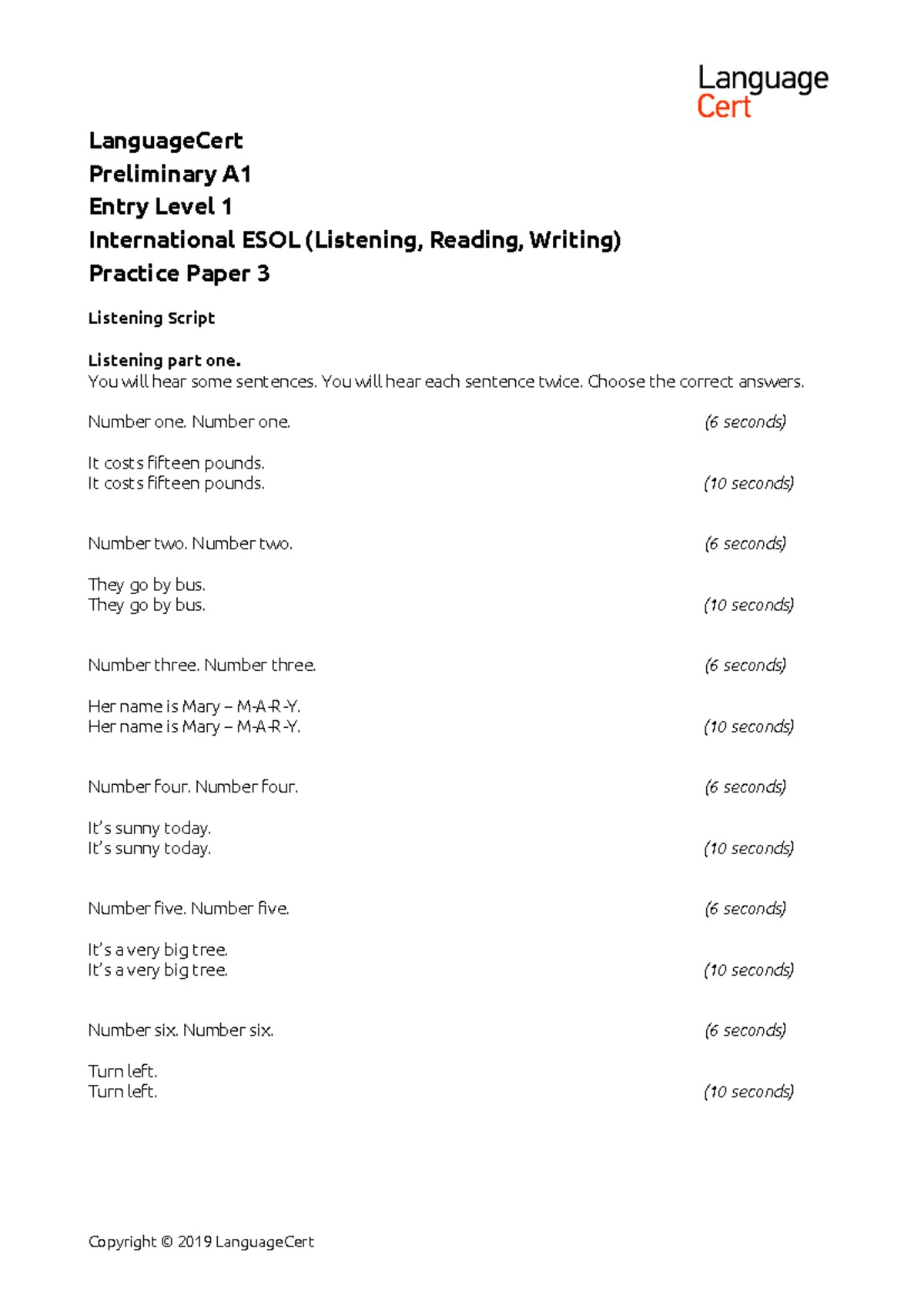 LanguageCert Preliminary A1 ESOL Practice Paper 3 Listening Script ...