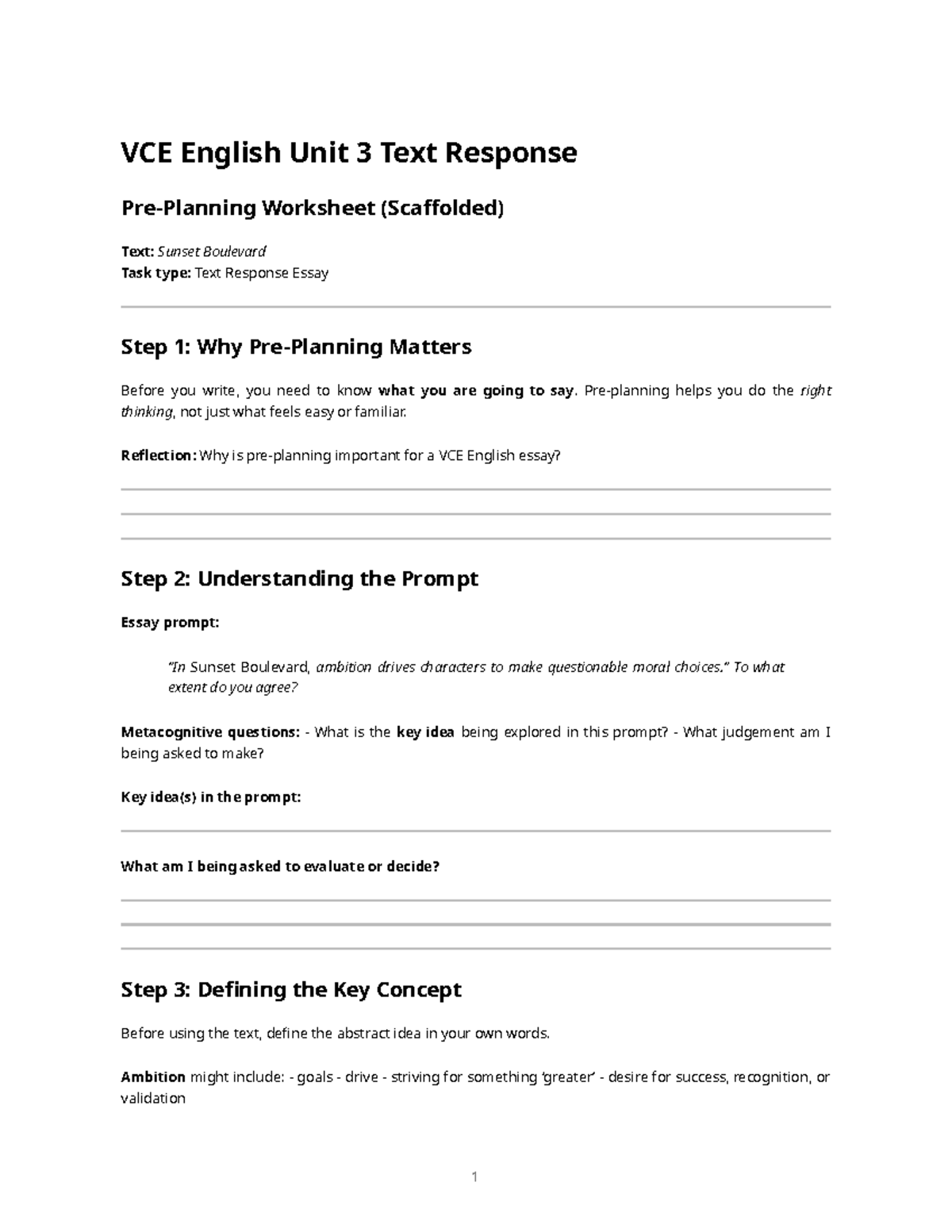 VCE English Unit 3 Text Response Pre-Planning for Sunset Boulevard ...