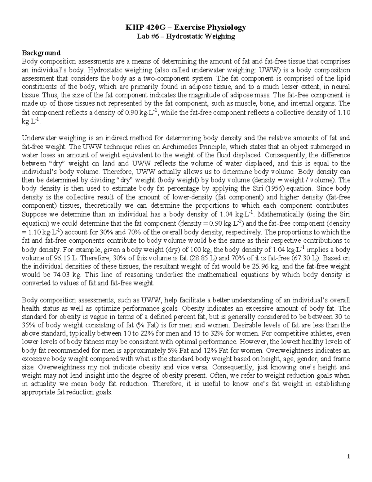 KHP 420G Exercise Physiology Lab: Hydrostatic Weighing & Body ...