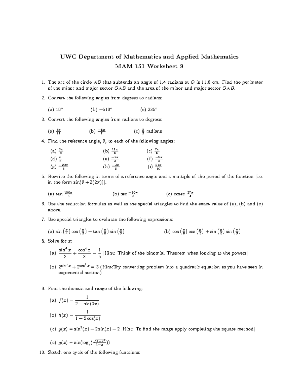 MAM 151 Trigonometry Worksheet 9: Perimeter, Angles, and Functions ...